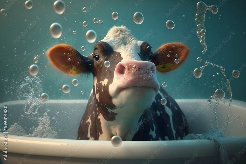 AI generated photorealistic illustration of a baby cow taking a bubble ...