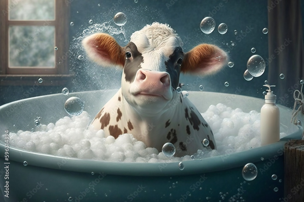 AI generated photorealistic illustration of a baby cow taking a bubble ...