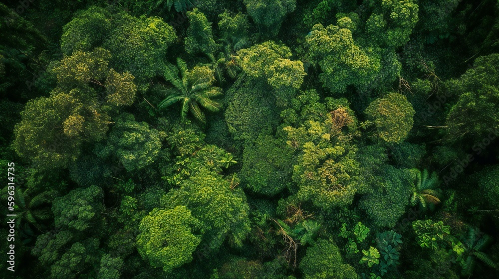 Top-down view photo of a deep green rainforest, nature environment ...