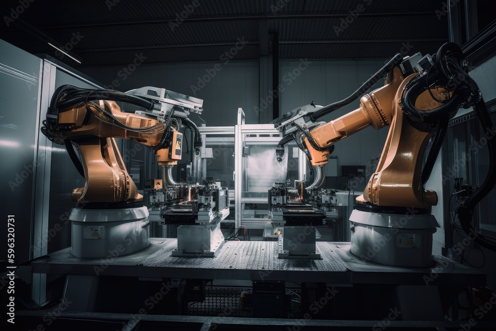 two industrial robots working together on complex task in manufacturing ...