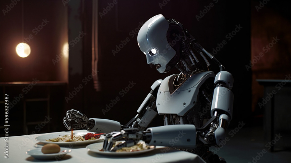 AI chatbot robot assistant sitting at desk using computer as artificial ...