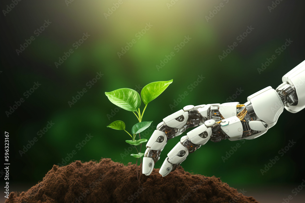 Robotic hand planting a tree in earth. Artificial intelligence ...