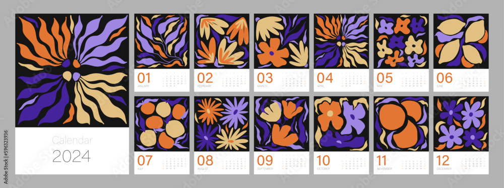 Floral calendar template for 2024. Vertical design with bright colorful ...