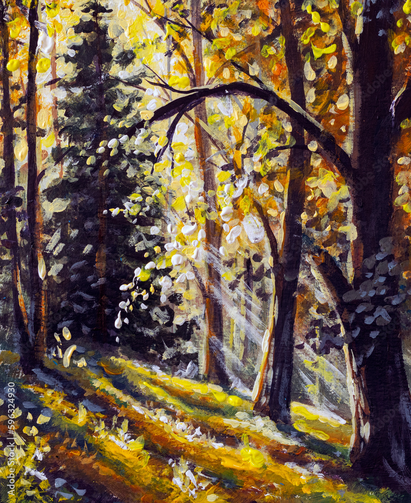 Painting with acrylics sunny forest. Illustration of the sun rays among ...