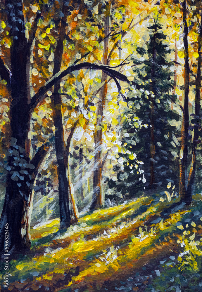 Painting with acrylics sunny forest. Illustration of the sun rays among ...