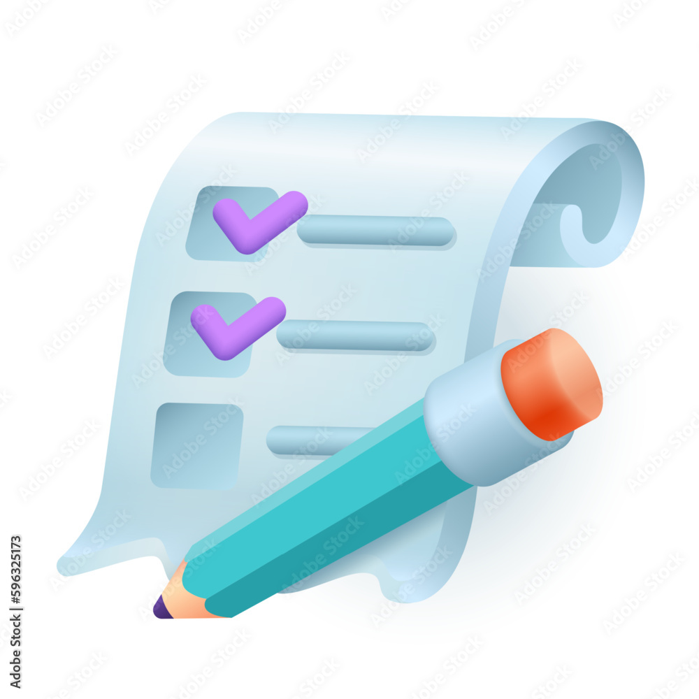 Pencil and sheet of paper with to-do list 3D illustration. Cartoon ...