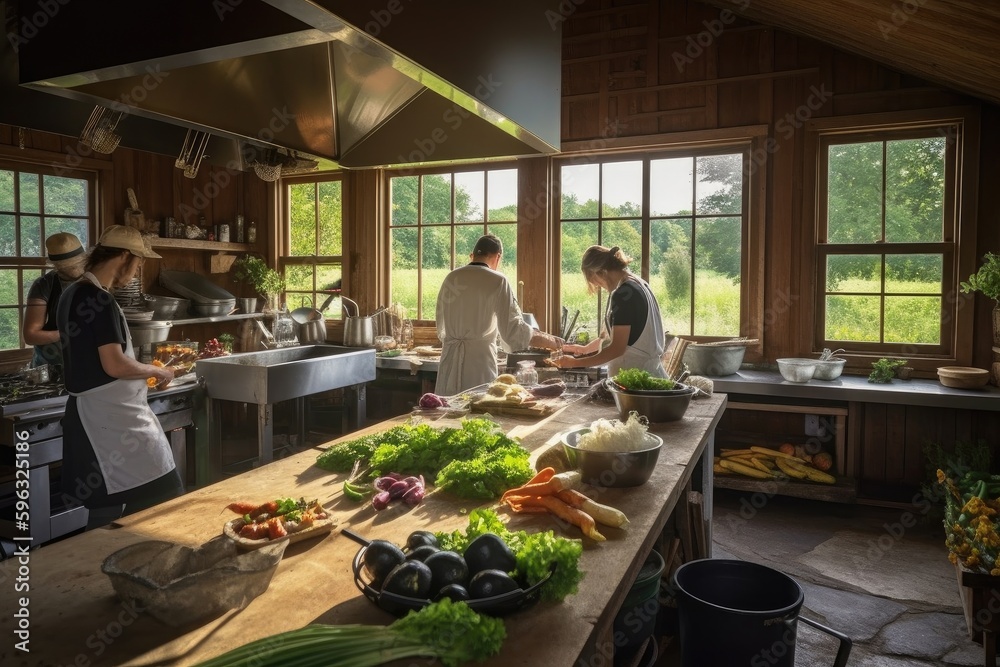 farm-to-table restaurant, with chefs preparing meals using fresh ...