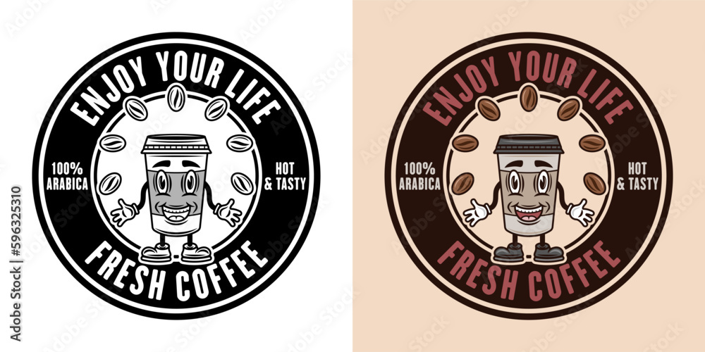 Coffee shop vector round emblem, badge, label or logo with smiling ...