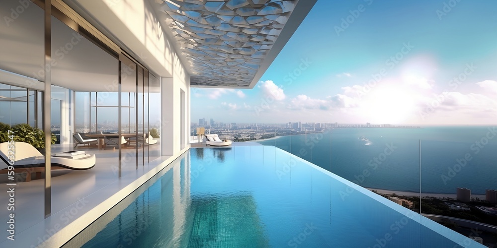 Impressive luxury penthouse terrace with a swimming pool overlooking Miami, generative AI ...