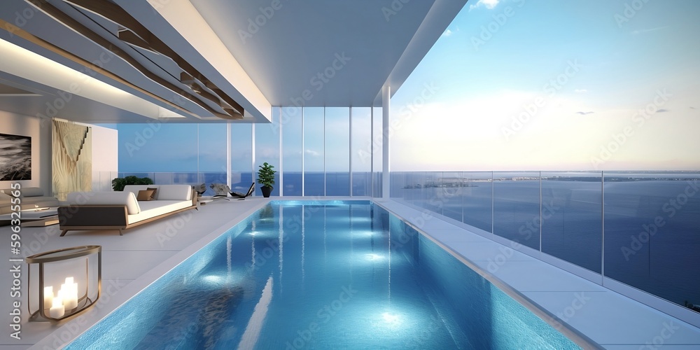 Impressive luxury penthouse terrace with a swimming pool overlooking Miami. Generative AI ...