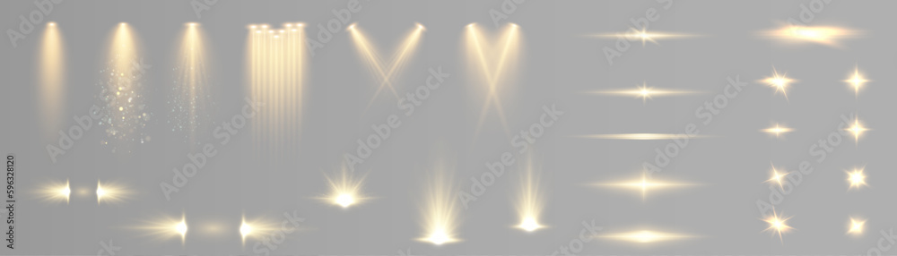 Set of gold spotlights isolated on transparent background. Vector ...