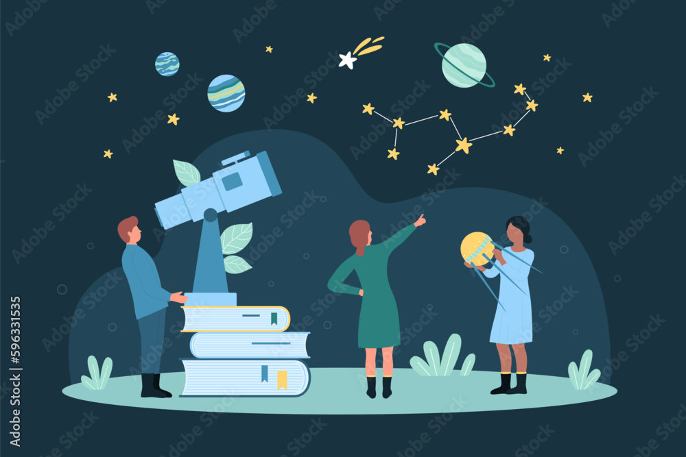 Research and study of astronomy vector illustration. Cartoon tiny ...