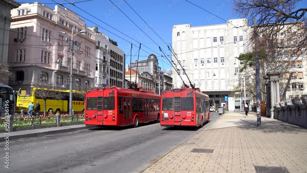 Old red electric bus in the city center. Belgrade, Serbia - April 2 ...