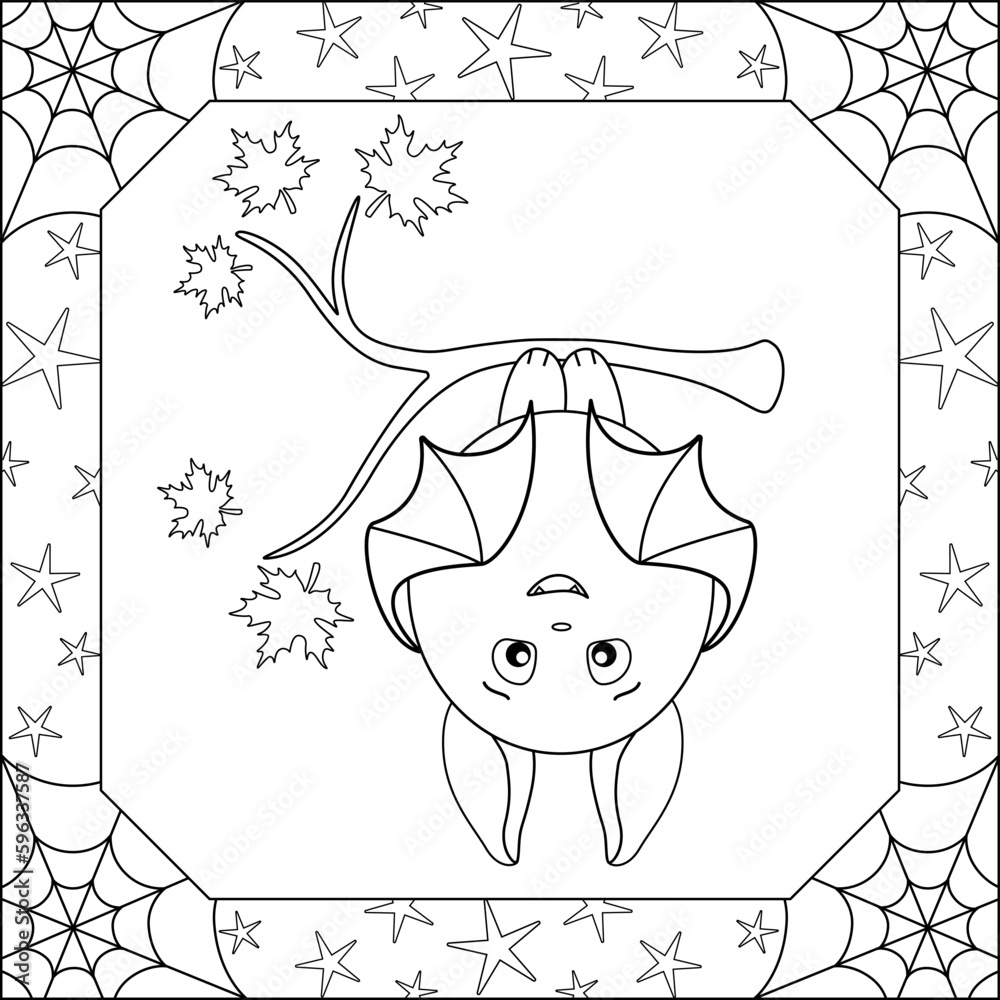 A cute bat hanging upside down in a square frame with cobwebs and stars ...