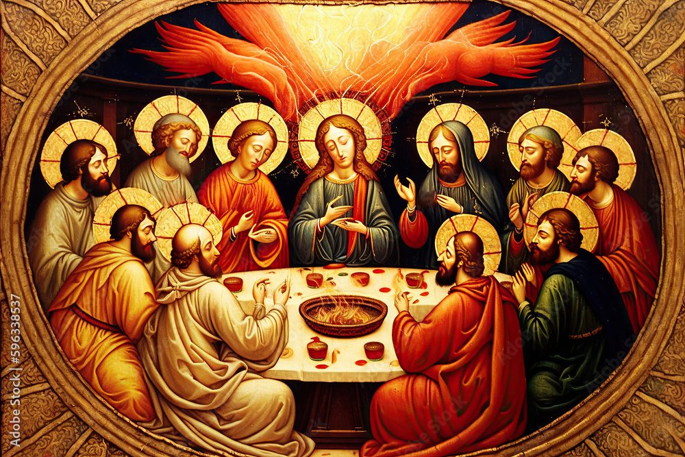 Medieval Painting of Pentecost with Disciples and Doves Stock ...