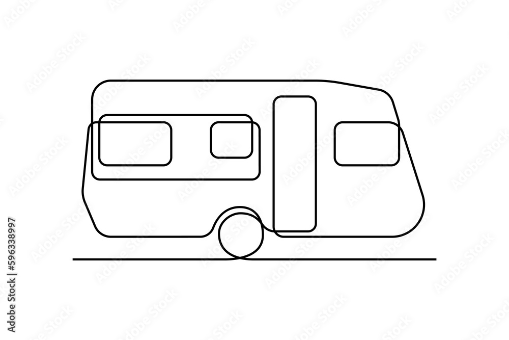 Camper trailer in continuous line art drawing style. Caravan ...
