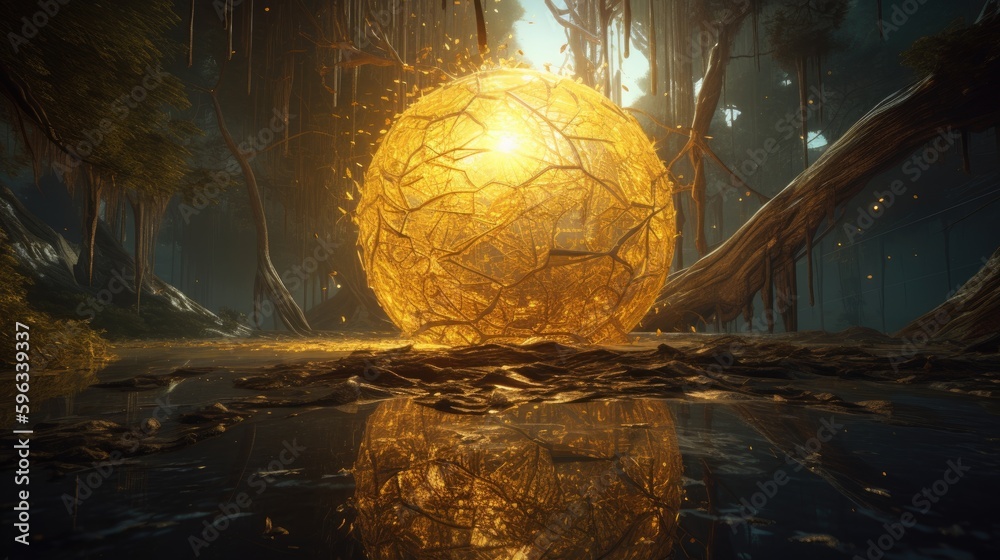 A dyson sphere featuring a yellow bright sun in the middle, complex ...
