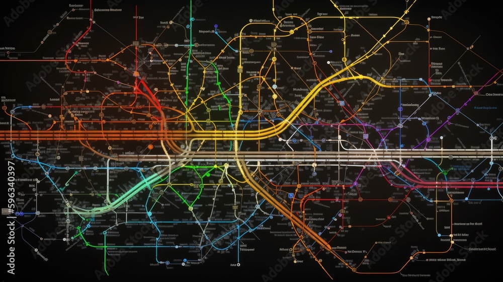 complex metro map in the style of social network analysis, with bright ...
