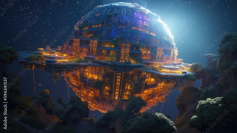 Outer space, retro futuristic dyson sphere with vivid trim colors by ...