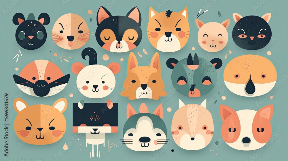 Playful minimalistic shapes and lines forming cute animal faces ...