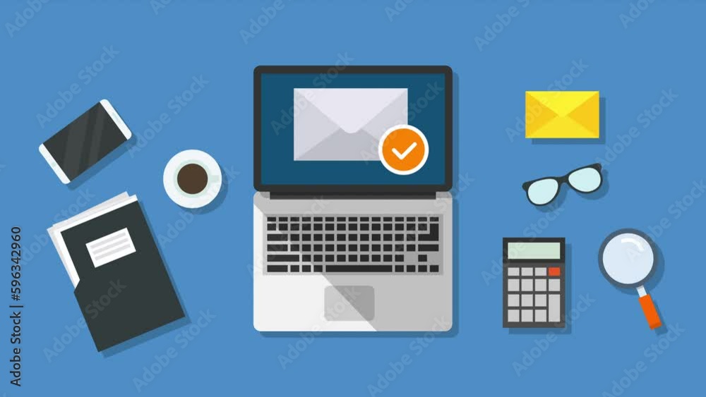 email animation with orange check mark icon.Top view of workplace with ...