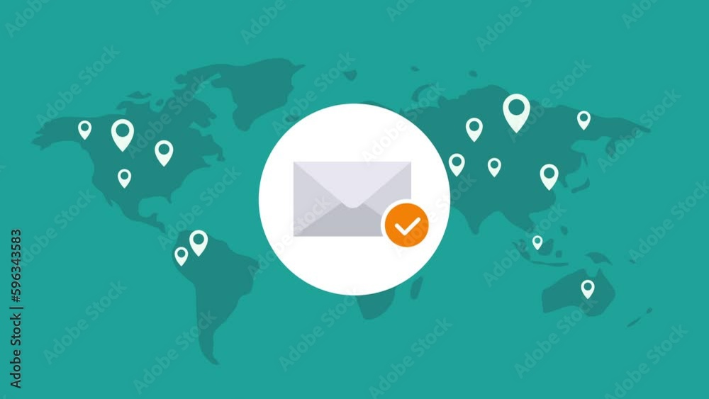 email animation with orange check mark icon.world map and pointers ...