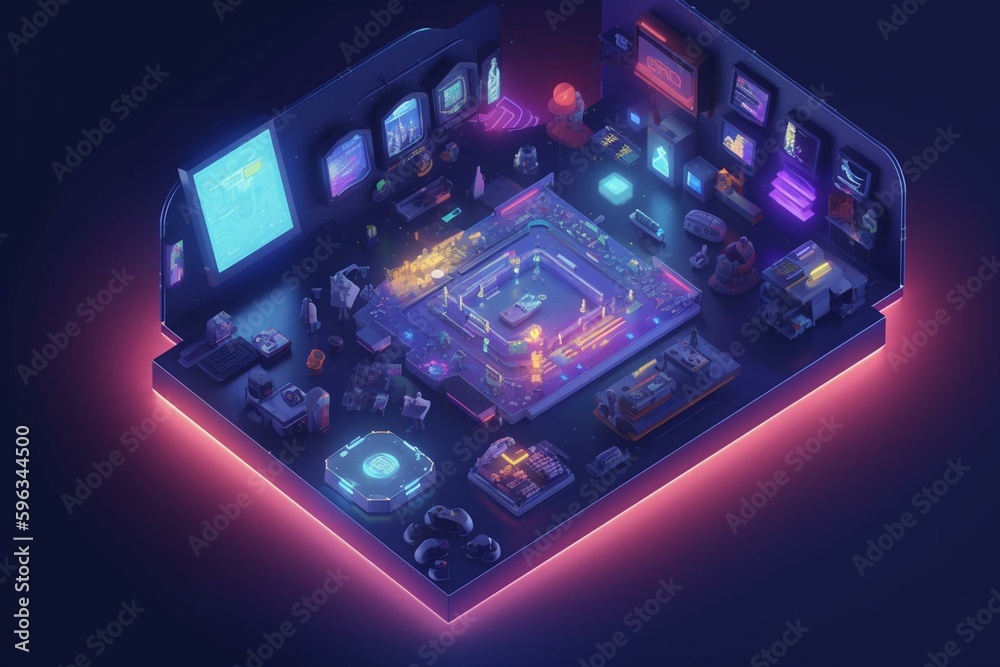 Isometric concept of gamification and interactive content. Generative ...