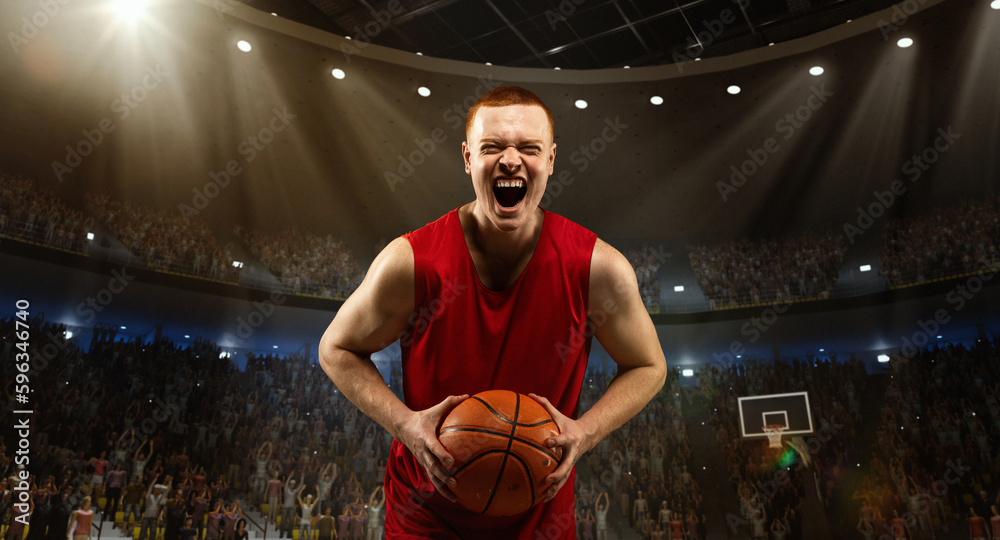Young emotional man, professional basketball player in red uniform ...
