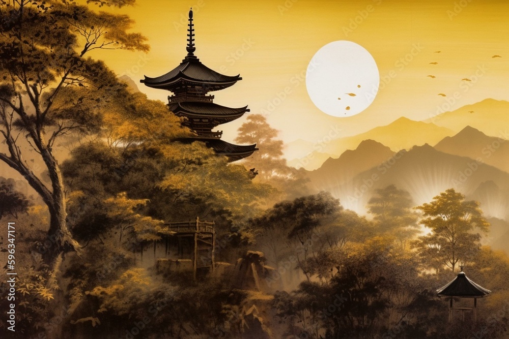 Traditional Japanese painting of sun, mountain, temple and bamboo ...