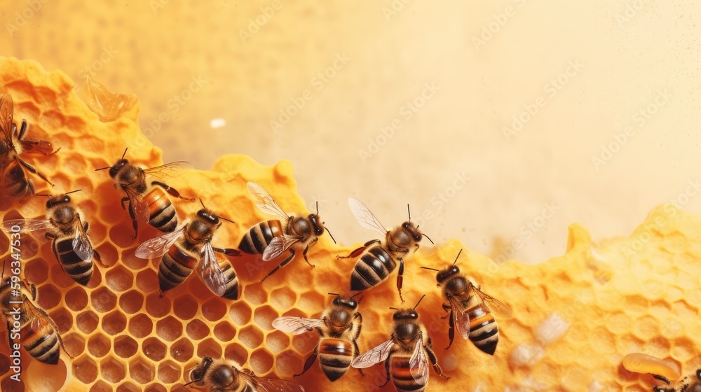 Honeycomb with bees and honey background with space for copy ...