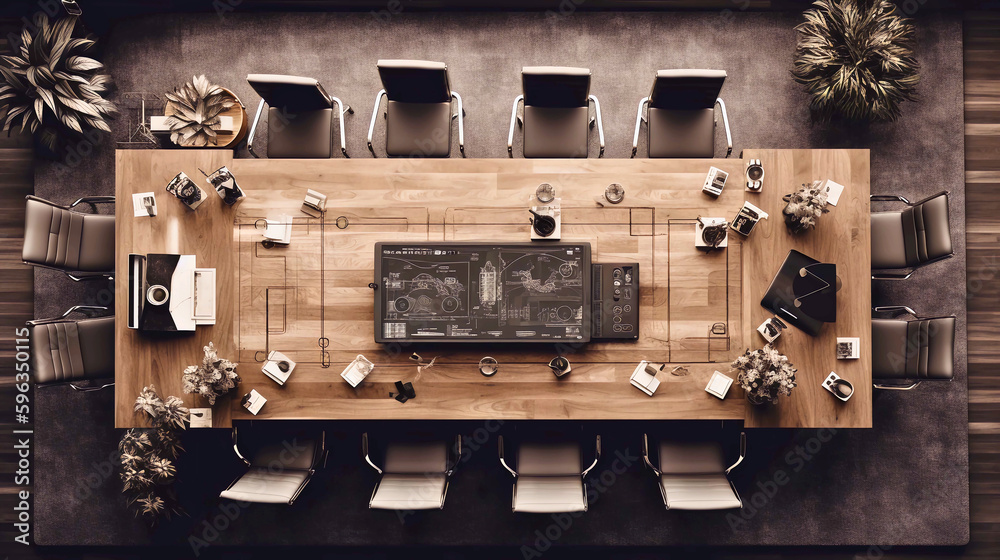 A high-angle view of a modern conference room with a wooden conference ...