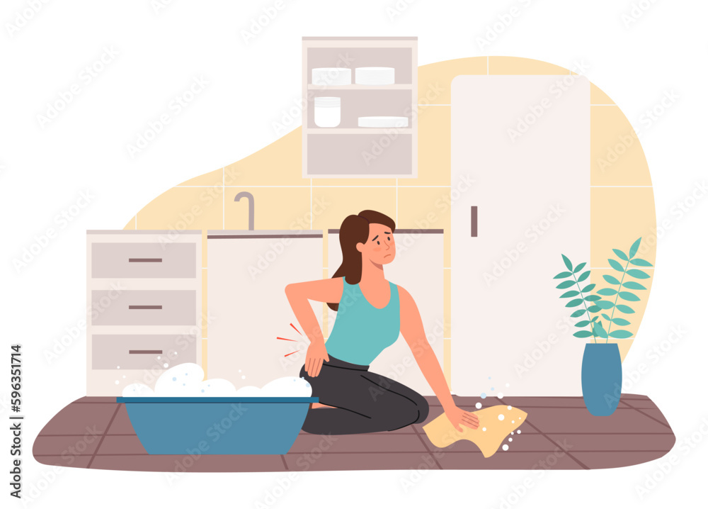 Woman suffers from back pain. Young girl washes floor and holds on to ...