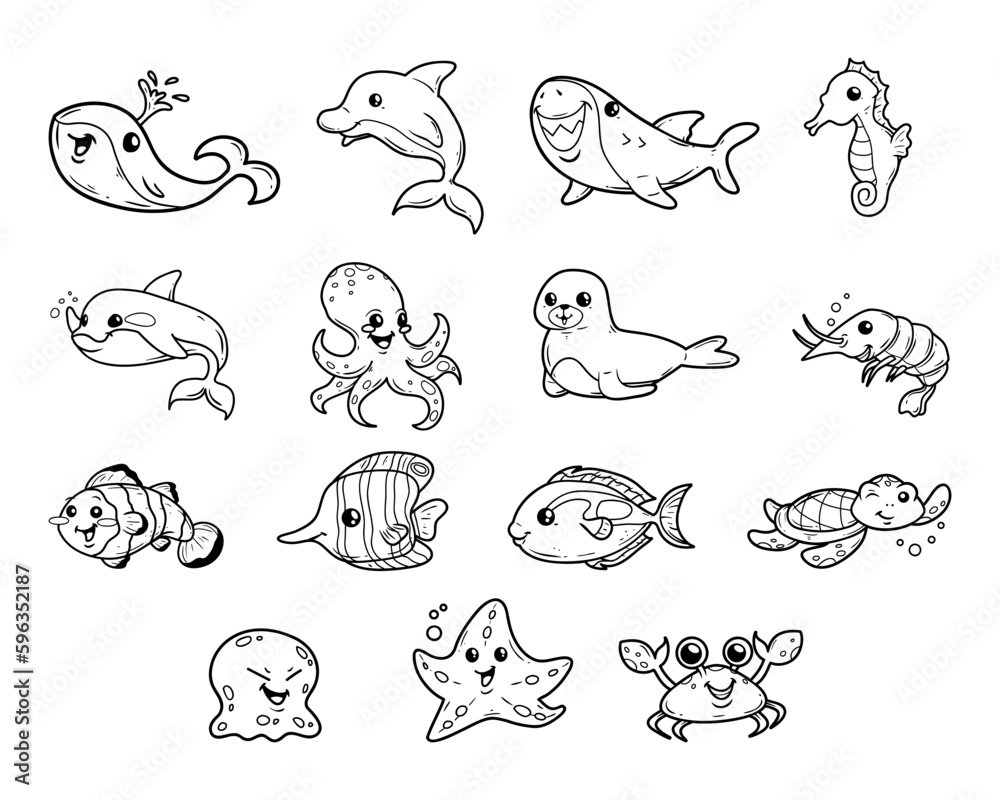 Set of sea animals hand drawn outline sketch illustration Stock Vector ...