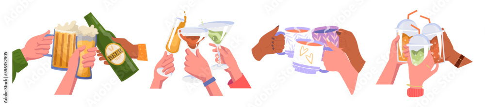 Cheers with drinks. Characters holding bottles of beer, cocktails and ...
