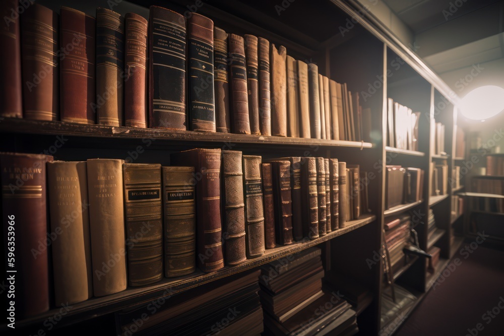 Library shelves with books close up. Wooden bookcase with old books. Generative AI Stock ...