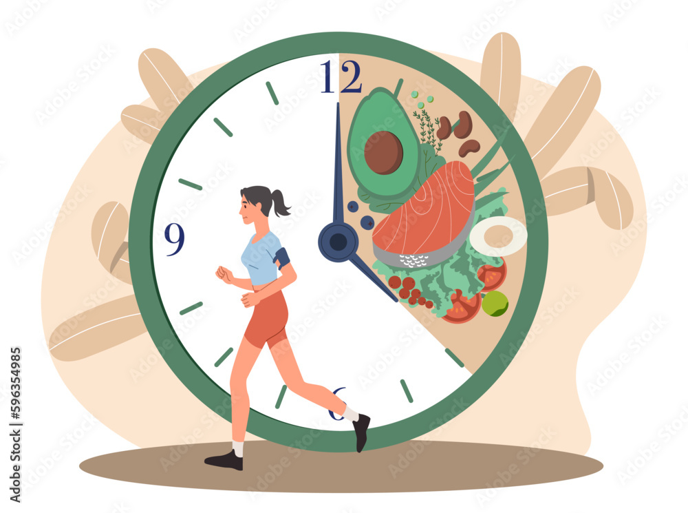 Fast metabolism concept. Woman next to clock with natural products ...
