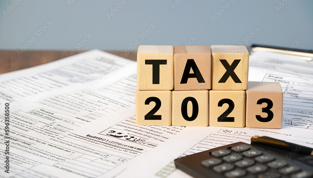 Tax 2023 in wooden cubes and tax or vat form documents to complete ...