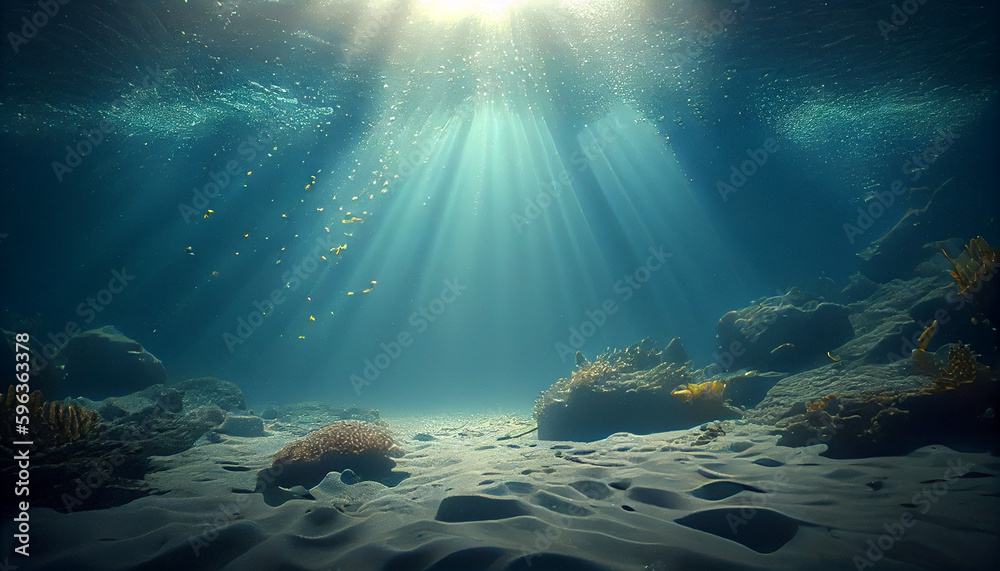 Underwater background deep blue sea and beautiful sun ray under sea. Ai ...