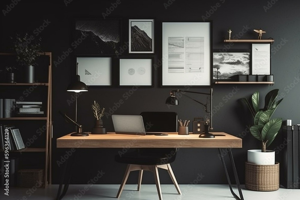 Elegant home office with a podium display, wall background, and picture ...