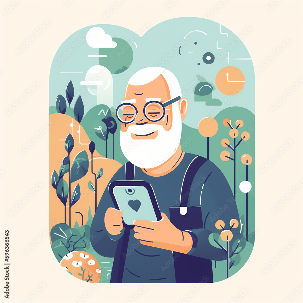 Senior citizen using a smartphone with a speech bubble that says "Hello ...