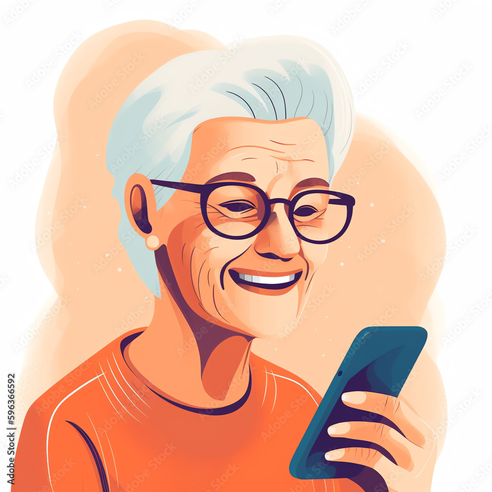 Senior citizen using a smartphone with a speech bubble that says "Hello ...