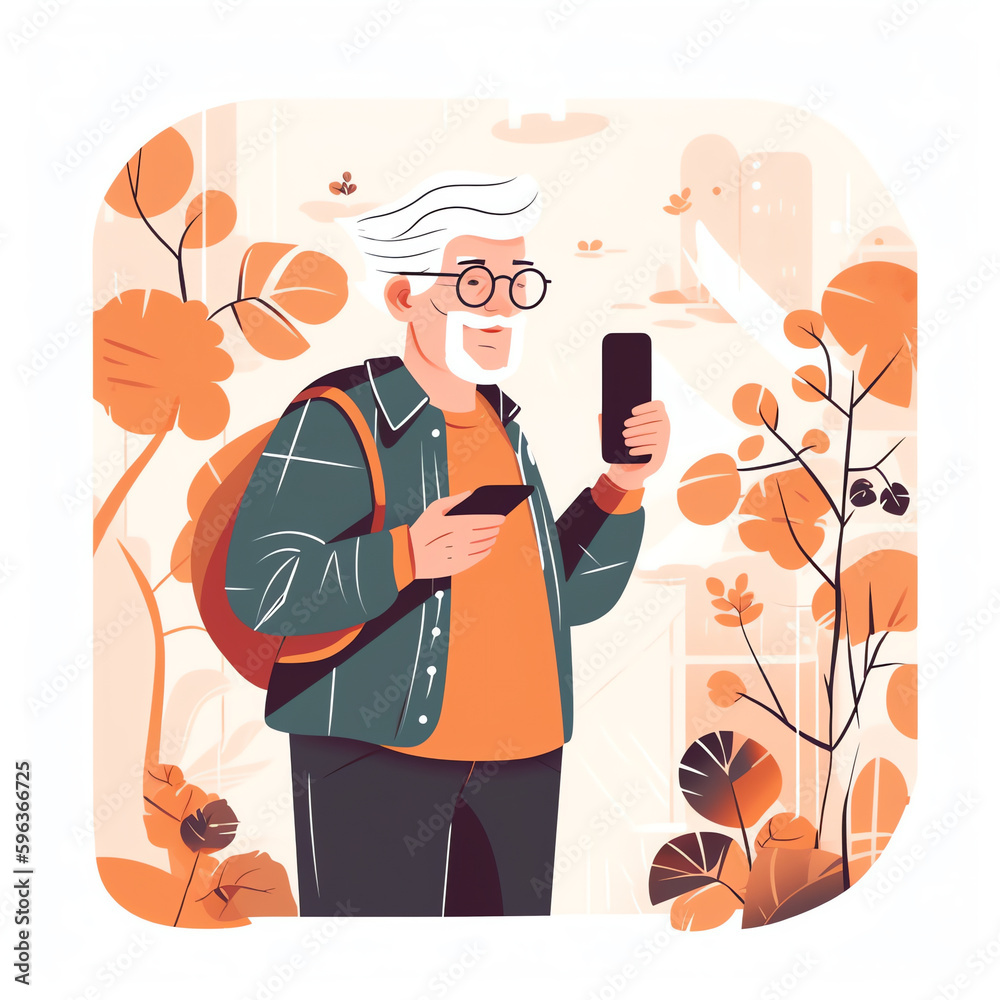 Senior citizen using a smartphone with a speech bubble that says "Hello ...