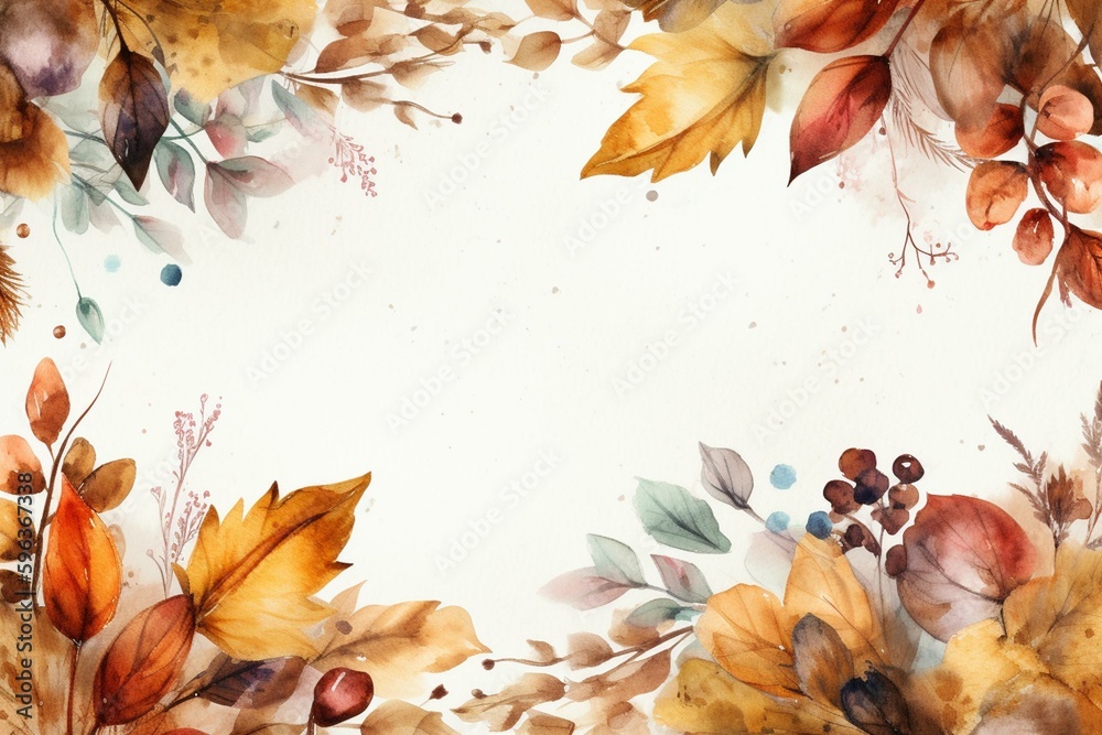 Watercolor autumn border on white with fall frame. Ideal for ...