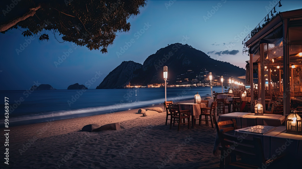 cafes and restaurants on the beach promenade at night. Generative AI ...