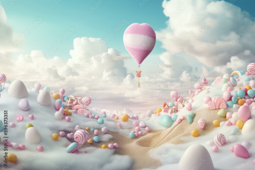 Pastel candy land filled with sweets, marshmallows, candy flying in the ...