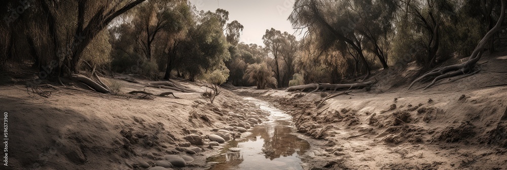 A stark and evocative image of a dry riverbed, showing the devastating ...