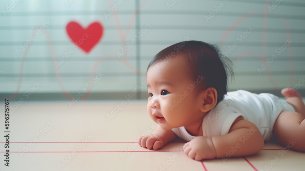 Asian newborn baby with heart organ line for children's heart health ...