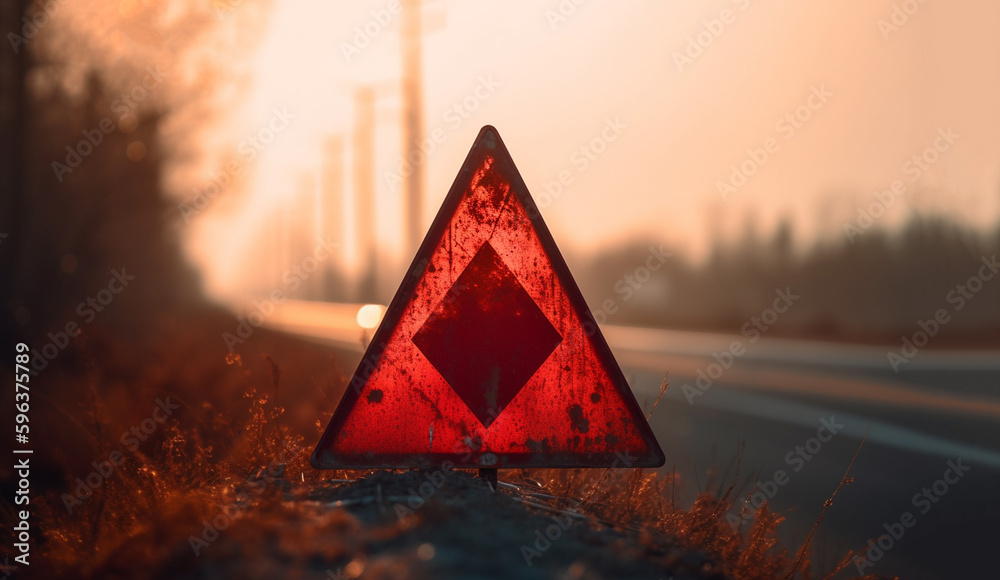 Red emergency stop sign,red triangle warning sign next to highway road ...
