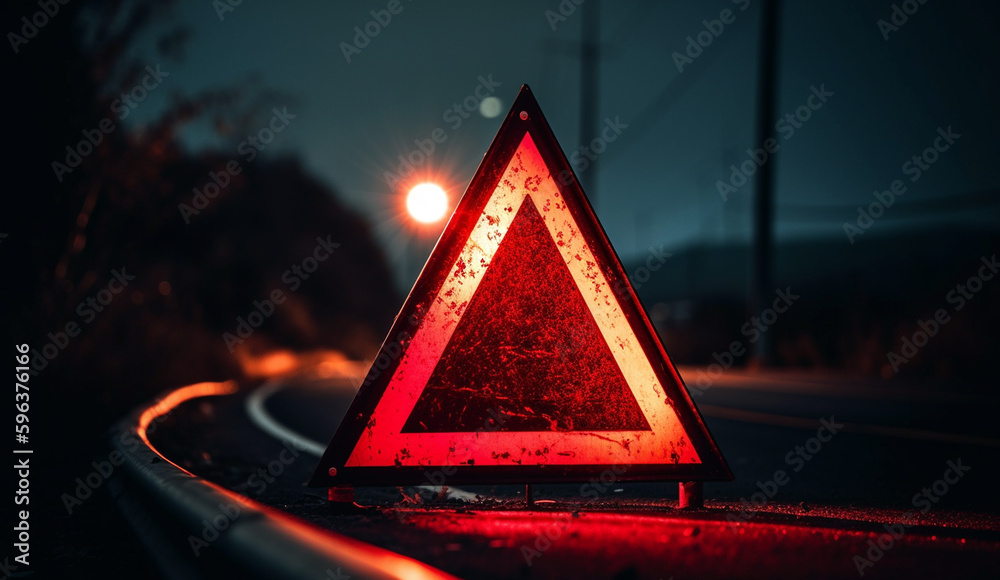 Red emergency stop sign,red triangle warning sign next to highway road ...