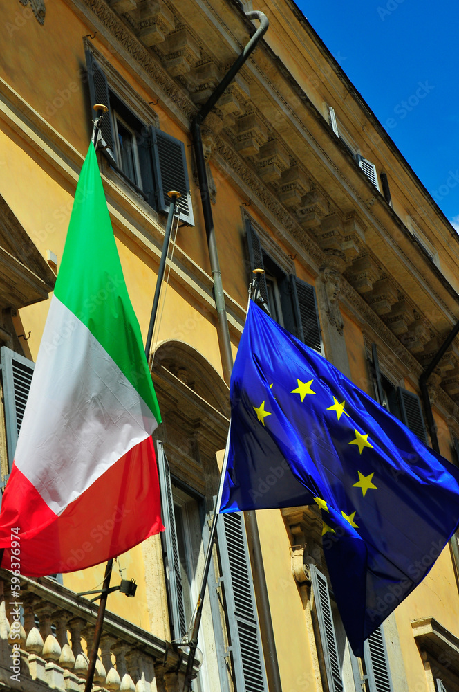 Front view, medium distance of, a United Nation and Italian national ...